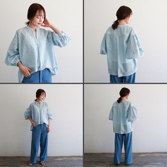 カットレース キーネック ブラウス スカイブルー 0386BL | iichi ハンドメイド・クラフト作品・手仕事品の通販