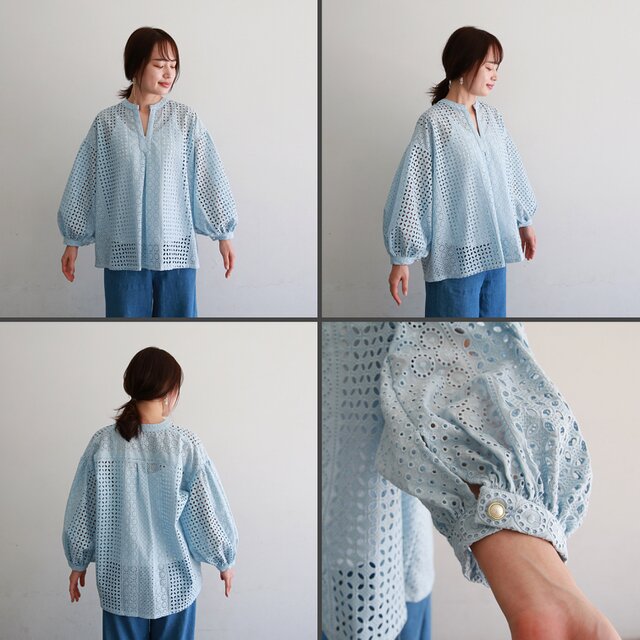 カットレース キーネック ブラウス スカイブルー 0386BL | iichi ハンドメイド・クラフト作品・手仕事品の通販