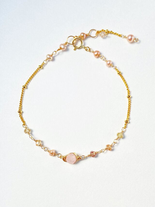 【4月の誕生石】16kgp モルガナイトと天然ジルコンのブレスレット ac/635 | iichi ハンドメイド・クラフト作品・手仕事品の通販