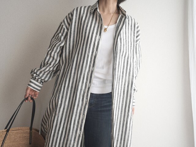 リネンストライプのシャツワンピ No.269 | iichi 日々の暮らしを心地よくするハンドメイドやアンティークのマーケットプレイス