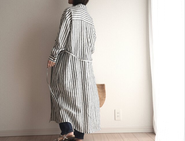 リネンストライプのシャツワンピ No.269 | iichi 日々の暮らしを心地よくするハンドメイドやアンティークのマーケットプレイス