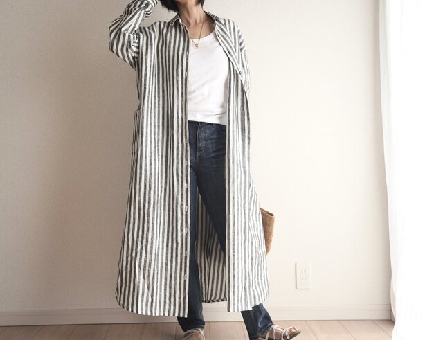 リネンストライプのシャツワンピ No.269 | iichi 日々の暮らしを心地よくするハンドメイドやアンティークのマーケットプレイス