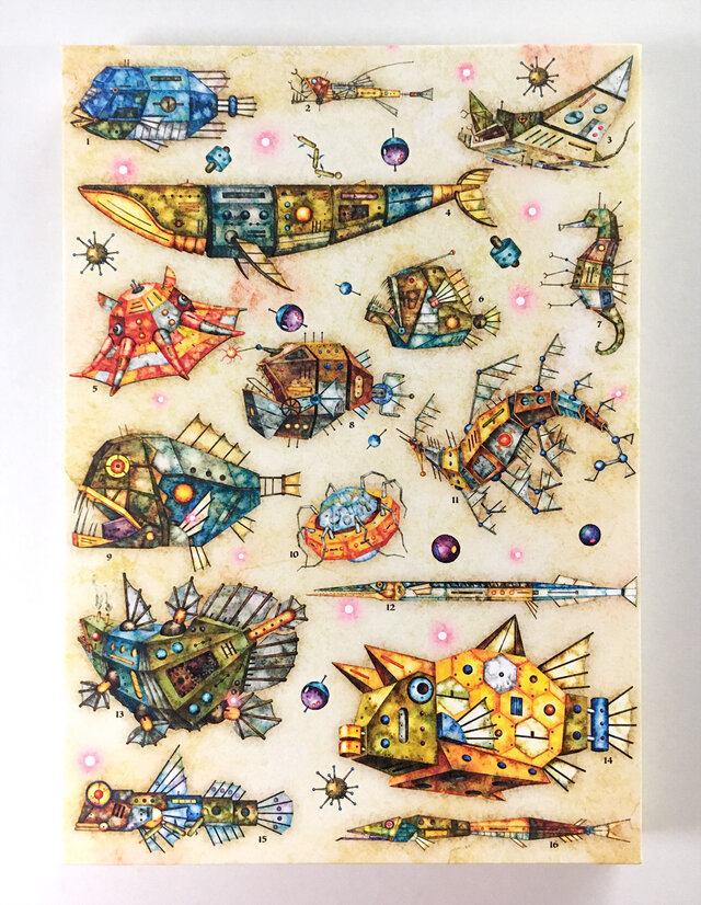 『キカイ魚図鑑』オリジナルイラスト デジタル版画木製パネル/A5サイズ | iichi 日々の暮らしを心地よくするハンドメイドやアンティークのマーケットプレイス