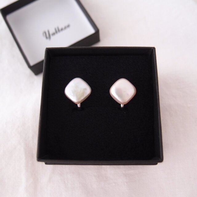 【SV】Square pearl／スクエアパール クリップイヤリング | iichi ハンドメイド・クラフト作品・手仕事品の通販