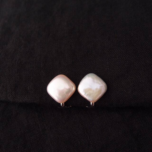 【SV】Square pearl／スクエアパール クリップイヤリング | iichi ハンドメイド・クラフト作品・手仕事品の通販