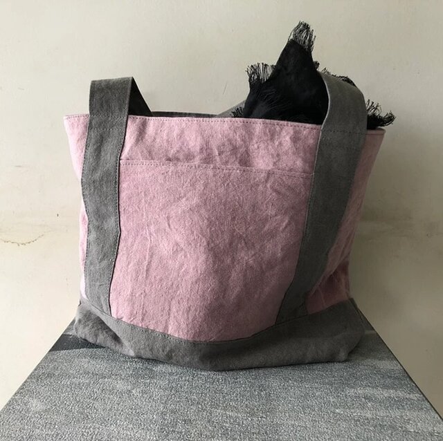 リネンのトートバッグ Belgiun linen25 "pink×grayマチたっぷりのお散歩BAG” | iichi 日々の暮らしを心地よくするハンドメイドやアンティークのマーケットプレイス