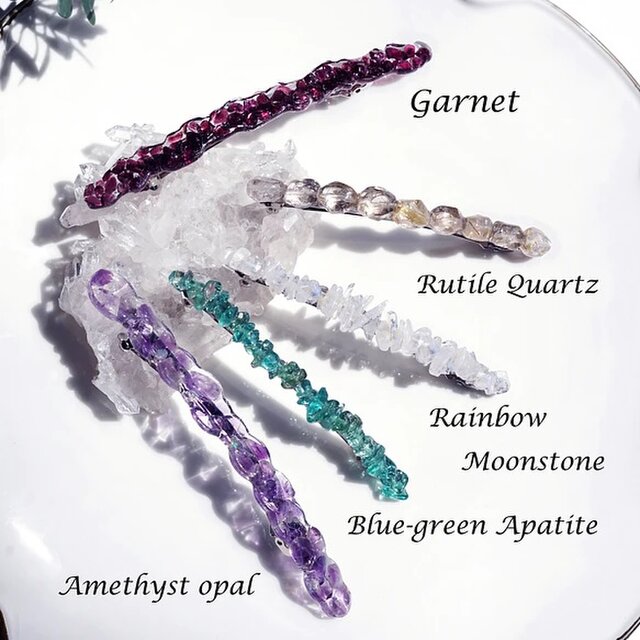 ブルーグリーンアパタイトによる翠雨（すいう）の9cm細バレッタ ～翠雨 | iichi ハンドメイド・クラフト作品・手仕事品の通販