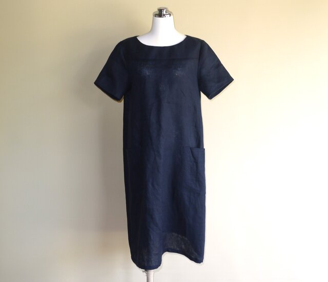 ☆ヨークワンピース 半袖 ネイビー リネン100％ S・M・L | iichi 日々の暮らしを心地よくするハンドメイドやアンティークのマーケットプレイス