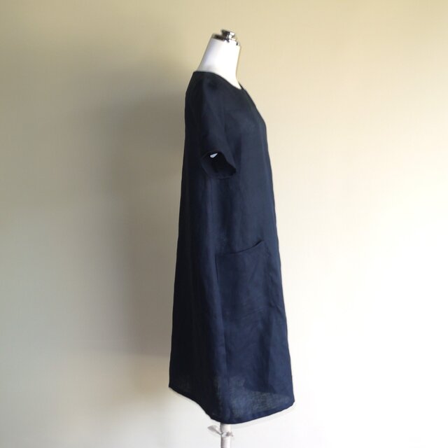 ☆ヨークワンピース 半袖 ネイビー リネン100％ S・M・L | iichi 日々の暮らしを心地よくするハンドメイドやアンティークのマーケットプレイス