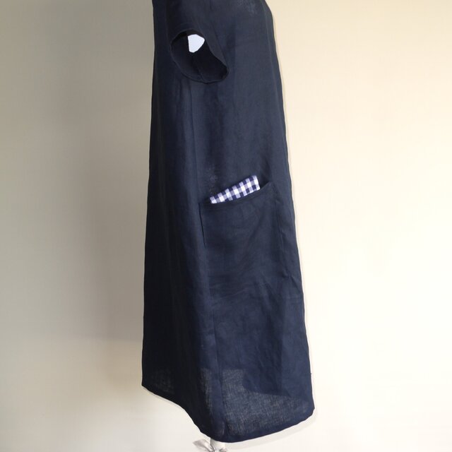 ☆ヨークワンピース 半袖 ネイビー リネン100％ S・M・L | iichi 日々の暮らしを心地よくするハンドメイドやアンティークのマーケットプレイス