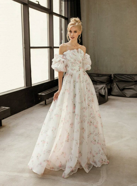 送料無料！パーティードレス プリント模様 パフスリーブ 取り外し袖 ベアトップ 背中見せ 可愛い 前撮り | iichi ハンドメイド・クラフト作品・手仕事品の通販