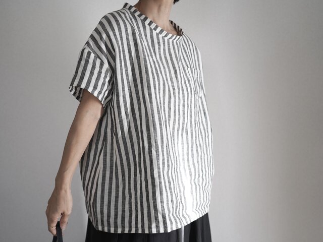 リネンストライプ半袖トップス No.270 | iichi 日々の暮らしを心地よくするハンドメイドやアンティークのマーケットプレイス