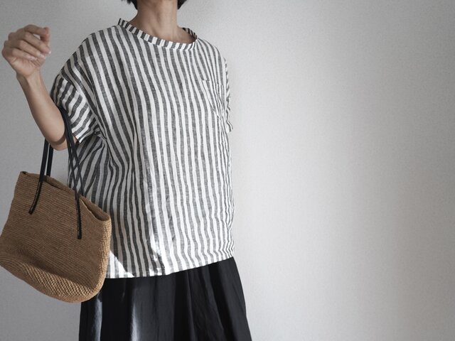 リネンストライプ半袖トップス No.270 | iichi 日々の暮らしを心地よくするハンドメイドやアンティークのマーケットプレイス