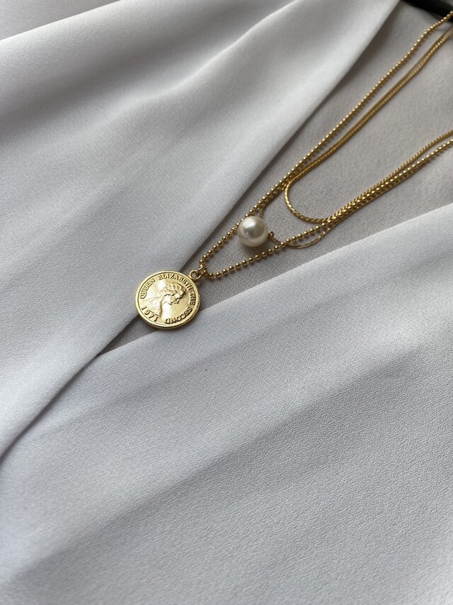スウェッジチェーン+8mmパール+コインミニマリストレイヤーネックレス 45cm前後セット | iichi ハンドメイド・クラフト作品・手仕事品の通販