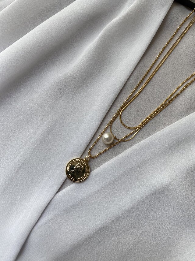 スウェッジチェーン+8mmパール+コインミニマリストレイヤーネックレス 45cm前後セット | iichi ハンドメイド・クラフト作品・手仕事品の通販