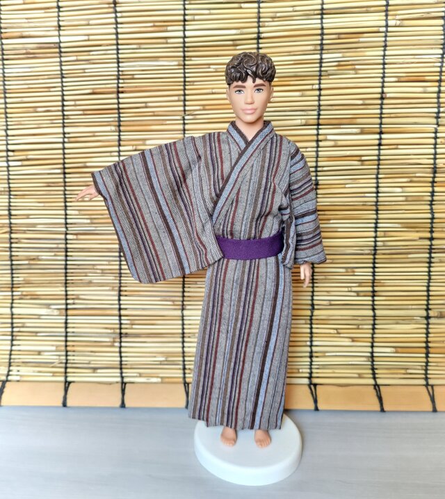 「滝縞のゆかた…紫purple×茶brown」30cm男子ドール浴衣【セール価格】 | iichi ハンドメイド・クラフト作品・手仕事品の通販