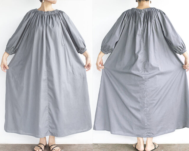 バルーンスリーブワンピース コットンスラブ（グレー） | iichi 日々の暮らしを心地よくするハンドメイドやアンティークのマーケットプレイス