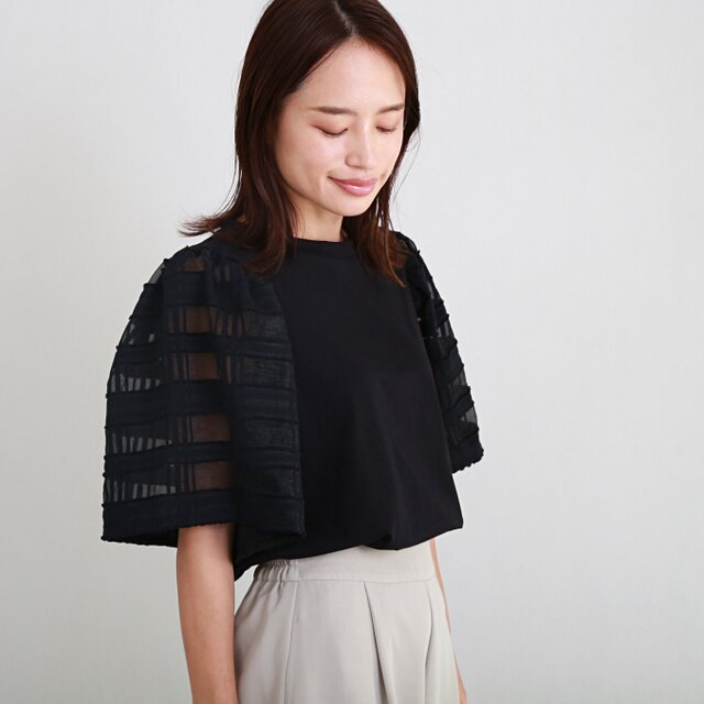 チュール ジャガード フレア袖 異素材トップス ブラック 0543BK | iichi ハンドメイド・クラフト作品・手仕事品の通販