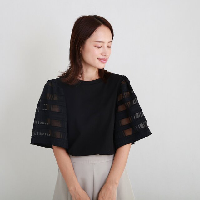 チュール ジャガード フレア袖 異素材トップス ブラック 0543BK | iichi ハンドメイド・クラフト作品・手仕事品の通販