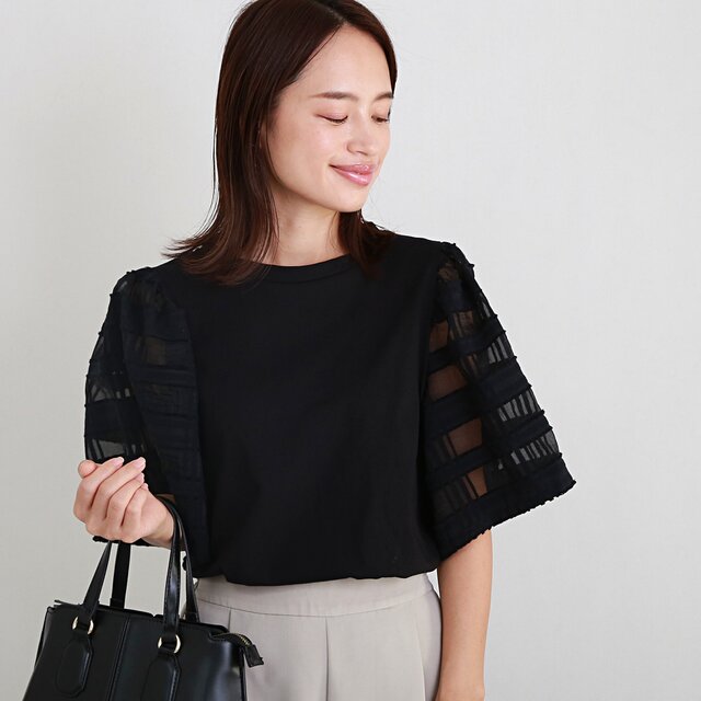 チュール ジャガード フレア袖 異素材トップス ブラック 0543BK | iichi ハンドメイド・クラフト作品・手仕事品の通販