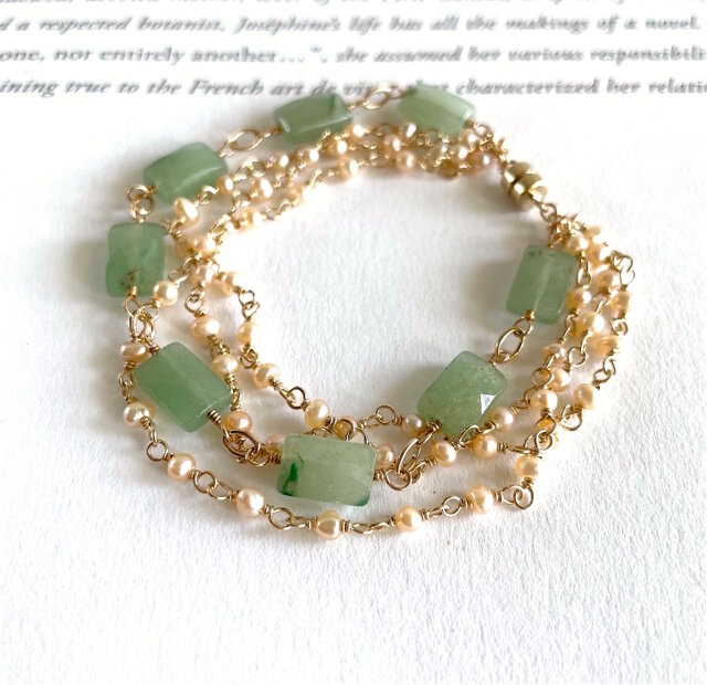 レクタングルのアベンチュリンと粒のケシパールの4連ブレス(k14gf) 17cm | iichi ハンドメイド・クラフト作品・手仕事品の通販