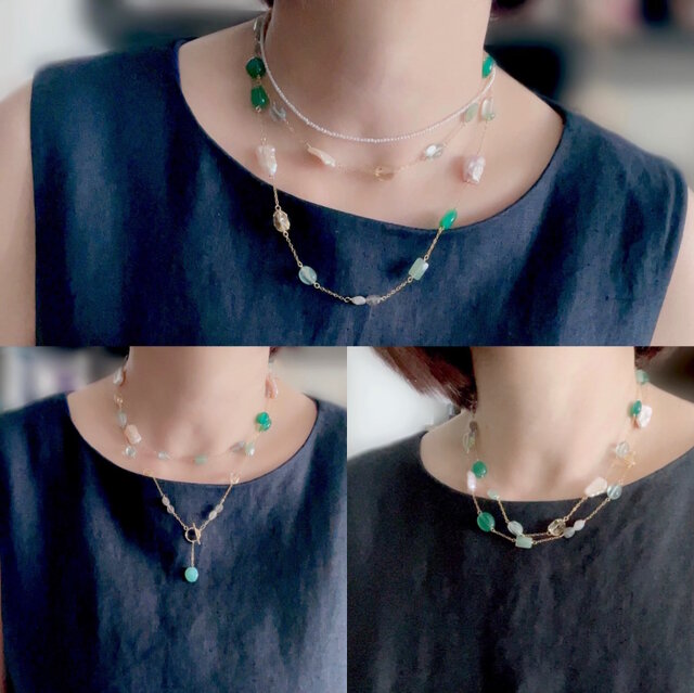 新緑カラー 6種類のマルチ ミックス ストーン ロングネックレス (k14gf) 90cm 1点物 | iichi 日々の暮らしを心地よくするハンドメイドやアンティークのマーケットプレイス