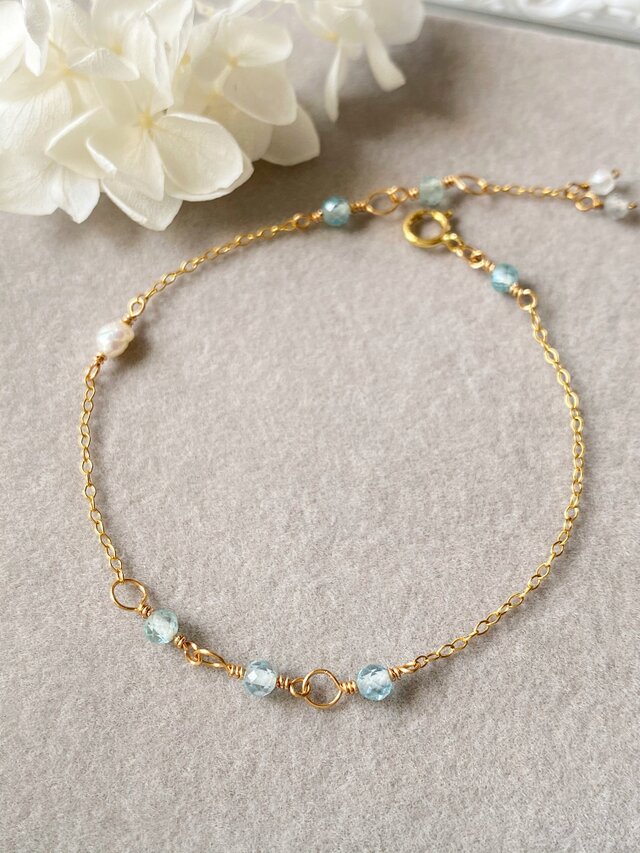 14kgf « Sky blue » 宝石質アパタイトAAAのブレスレット /ac55 ゆったりサイズ | iichi ハンドメイド・クラフト作品・手仕事品の通販
