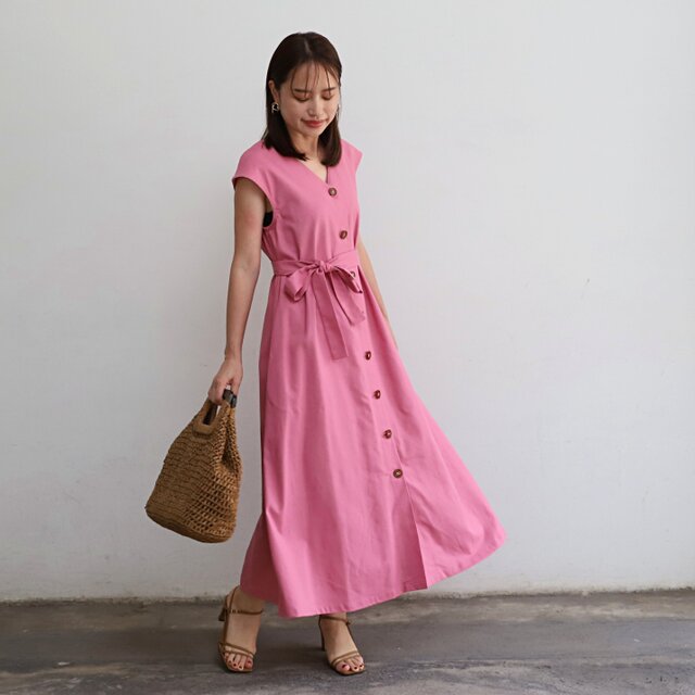 コットンリネン フロントボタン ワンピース チェリーピンク 0211PK | iichi ハンドメイド・アンティーク・食品・ギフト・手作り