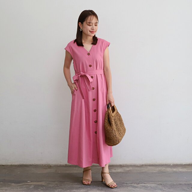 コットンリネン フロントボタン ワンピース チェリーピンク 0211PK | iichi ハンドメイド・アンティーク・食品・ギフト・手作り