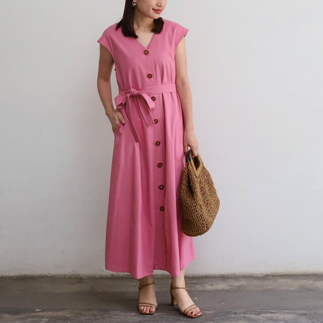 コットンリネン フロントボタン ワンピース チェリーピンク 0211PK | iichi ハンドメイド・アンティーク・食品・ギフト・手作り
