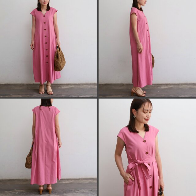 コットンリネン フロントボタン ワンピース チェリーピンク 0211PK | iichi ハンドメイド・アンティーク・食品・ギフト・手作り