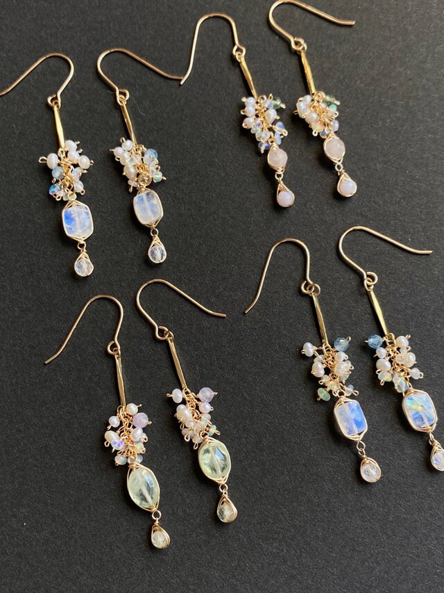 14kgf【6月誕生石】宝石質レインボームーンストーンのデザインピアス ac/625 | iichi 日々の暮らしを心地よくするハンドメイドやアンティークのマーケットプレイス