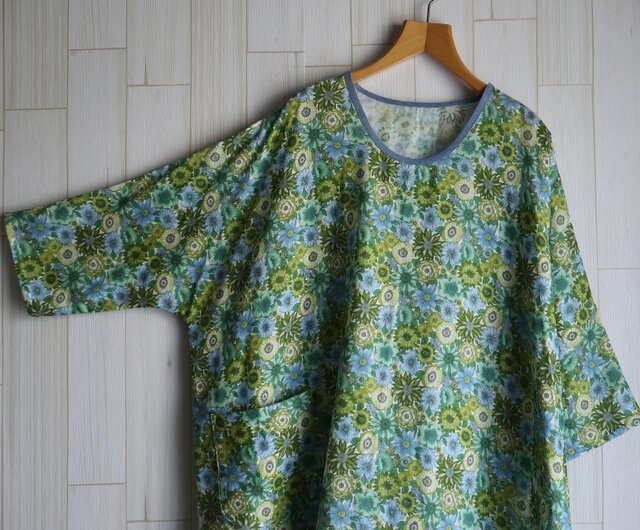 グリーン Wガーゼ 花柄 ドルマンスリーブ ポケット付き ワンピース 大きいサイズ 3L 4L 送料無料 | iichi ハンドメイド・クラフト作品・手仕事品の通販