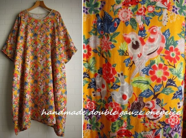 身幅83cm 黄色 鳥と花 Wガーゼ ドルマンスリーブ ワンピース 大きいサイズ 4L 5L 送料無料 | iichi ハンドメイド・クラフト作品・手仕事品の通販