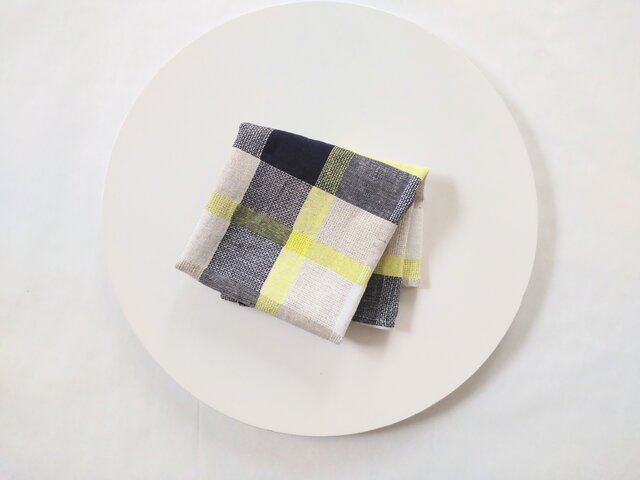 日用品店（布）リネン混クロス ／ レモン×ネイビー ／53cm×53cm ループ付き | iichi ハンドメイド・クラフト作品・手仕事品の通販