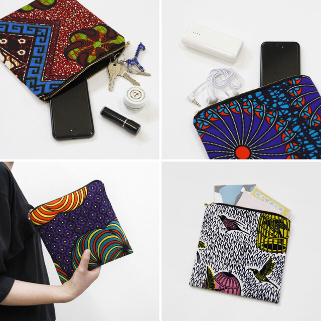 大容量・フラットポーチ（アフリカ布）大きいポーチ 化粧ポーチ マルチポーチ | iichi ハンドメイド・クラフト作品・手仕事品の通販