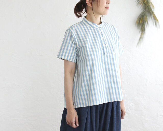 コットン バンドカラー プルオーバーシャツ （ストライプ/ブルー）TP33 | iichi ハンドメイド・クラフト作品・手仕事品の通販