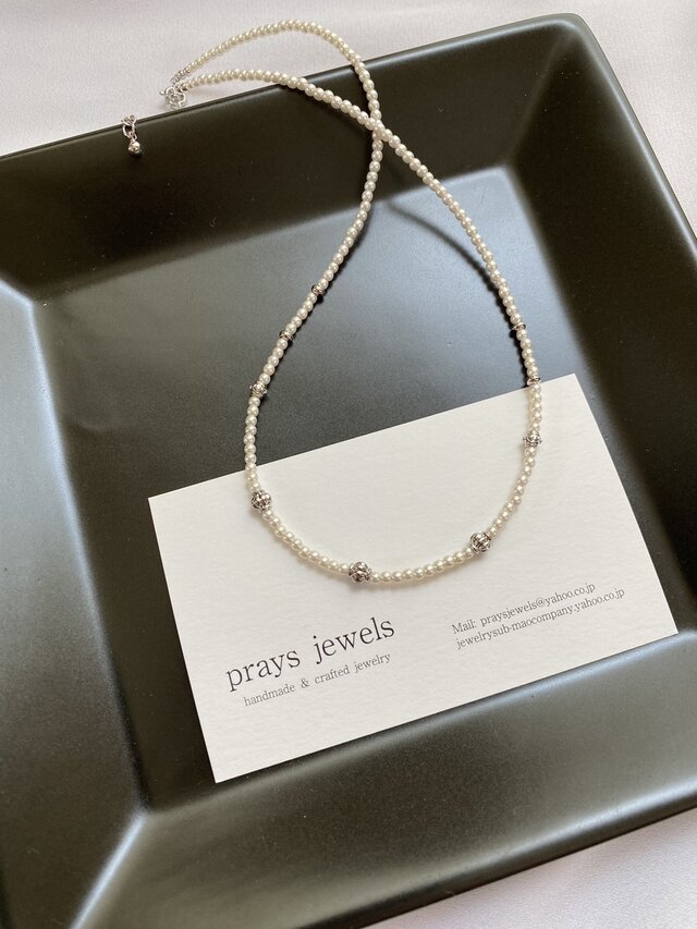小粒パールシルバーロンデル一連カジュアルネックレス 3mm 38～43.5cm | iichi ハンドメイド・クラフト作品・手仕事品の通販