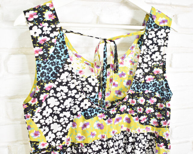 花柄パッチワークプリントティアードワンピース イエロー | iichi 日々の暮らしを心地よくするハンドメイドやアンティークのマーケットプレイス