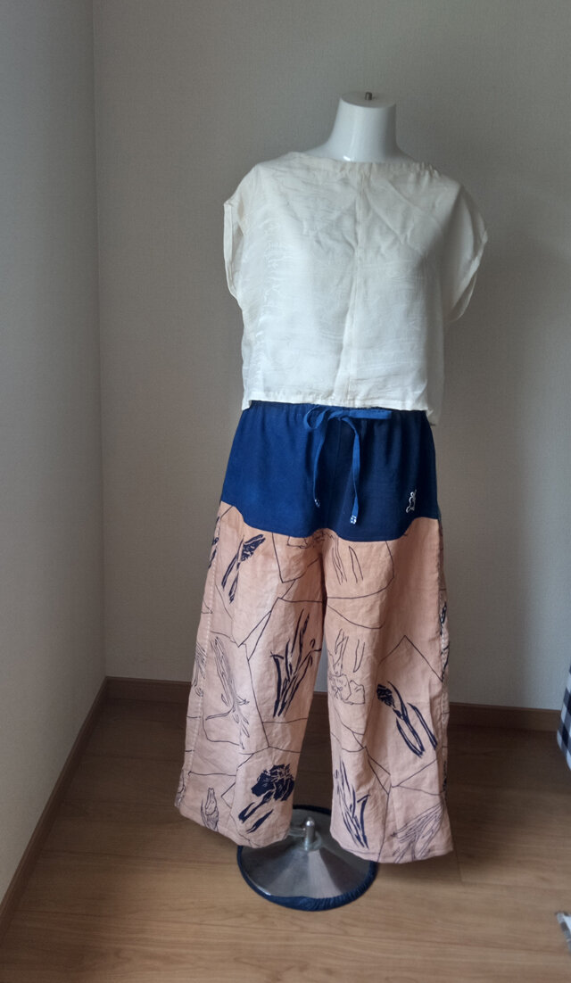 柿渋染浴衣に藍染布をプラスしたワイドパンツ 木綿 | iichi ハンドメイド・クラフト作品・手仕事品の通販