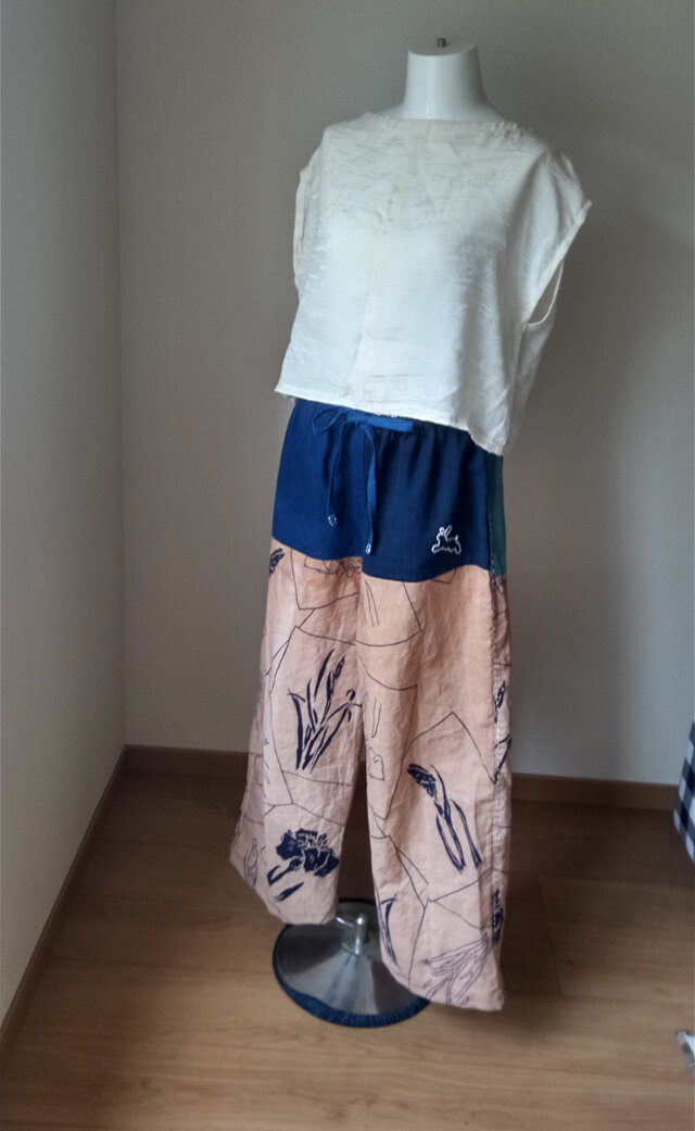 柿渋染浴衣に藍染布をプラスしたワイドパンツ 木綿 | iichi ハンドメイド・クラフト作品・手仕事品の通販