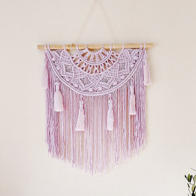 流木マクラメタペストリー むらさき タッセル Bohoインテリア | iichi ハンドメイド・クラフト作品・手仕事品の通販