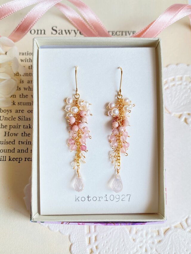 14kgf ローズクォーツと淡水パール、ロードナイトの房ピアス /ac156 | iichi ハンドメイド・クラフト作品・手仕事品の通販