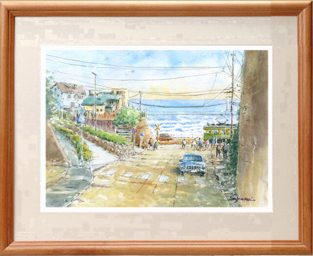 水彩画原画 湘南の海と鎌倉高校への坂道 ＃612 | iichi ハンドメイド・アンティーク・食品・ギフト・手作り