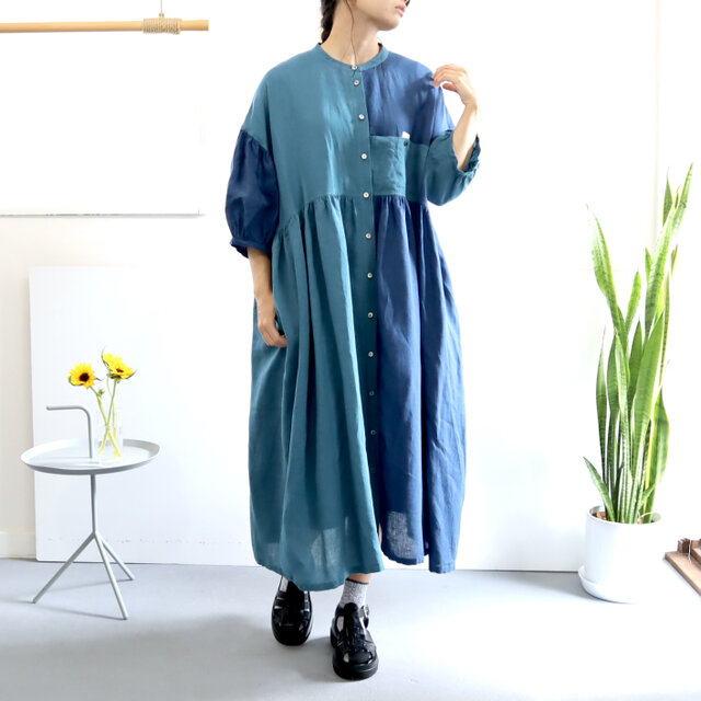 balloon sleeve gather dress ( ocean ) | iichi ハンドメイド・クラフト作品・手仕事品の通販