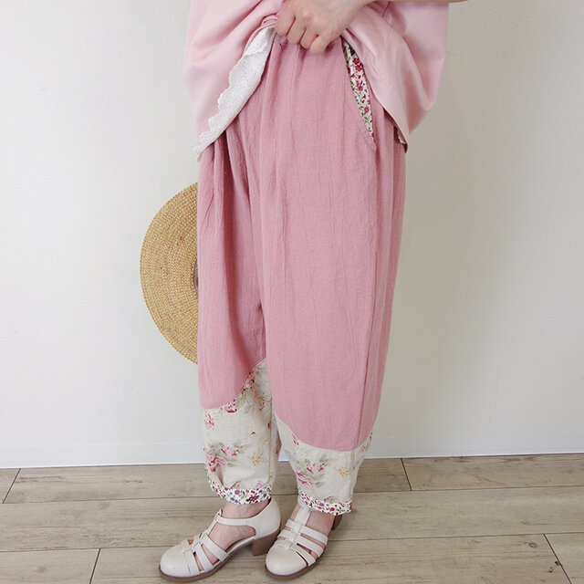 ワッシャーハーフリネンスモーキーピンク切替カフスパンツ | iichi ハンドメイド・クラフト作品・手仕事品の通販
