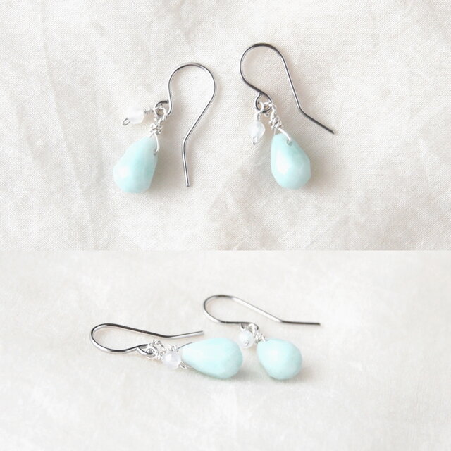 Drop Pierce（アマゾナイト×ホワイトムーンストーン） | iichi 日々の暮らしを心地よくするハンドメイドやアンティークのマーケットプレイス