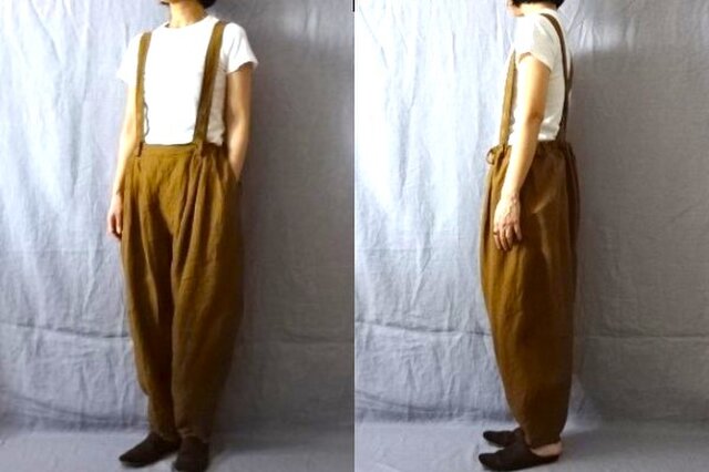 【受注制作】カーキ茶/綾織40リネン 3tuckバルーンパンツ(取り外し可能サスペンダー付) | iichi ハンドメイド・クラフト作品 ...