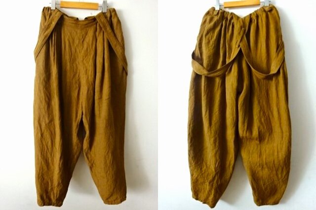 【受注制作】カーキ茶/綾織40リネン 3tuckバルーンパンツ(取り外し可能サスペンダー付) | iichi ハンドメイド・クラフト作品 ...