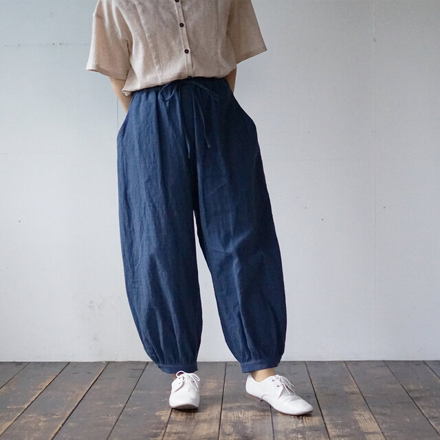 綿麻ギャザーパンツ 股下55cm[クラシックブルー] | iichi ハンドメイド・アンティーク・食品・ギフト・手作り
